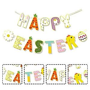 ABOOFAN 1 Set Happy Easter Banner Bunny Sign Rustic Bunting Garland Easter Hanging Ornaments for Easter Theme Party Wall Decorations