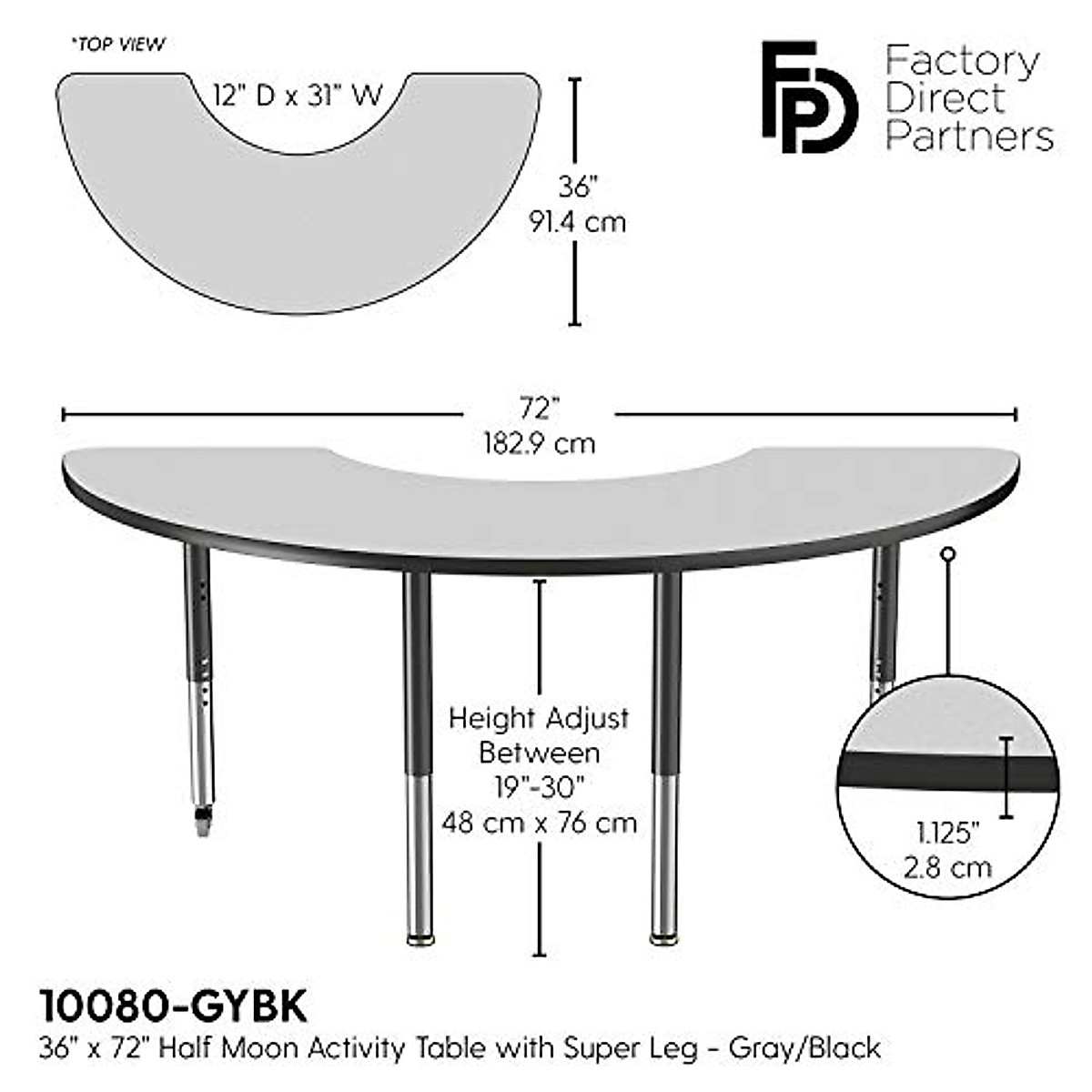 Factory Direct Partners 10076-GYBK Mobile Half Moon Activity School and Office Table (36" x 72"), Super Legs with Glides and Casters, Adjustable Height19-30" - Gray Top and Black Edge