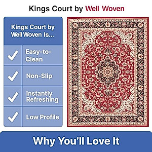 Well Woven Kings Court Gene Red - Non-Slip Rubber Backed Oriental Medallion 5x7 Area Rug - for Living Room & Dining Room - Kid & Pet Friendly, Easy-to-Clean, Machine-Washable, Low Looped Pile