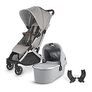 MINU V2 Stroller-Stella (Grey mélange/Silver/Chestnut Leather)+ Adapter for Bassinet/MESA + Bassinet - Stella (Grey Brushed mélange/Silver)