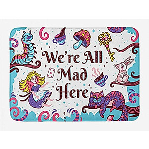 Cute Girl Cartoon Bath Mat, We are All Mad Here Words with Caterpillar White Rabbit Cheshire Cat, Bathroom Rugs Soft Bath Rugs Non Slip, Washable Cover Floor Rug, 24" X 16", Blue Purple