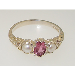 LetsBuyGold 925 Sterling Silver Natural Pink Tourmaline & Cultured Pearl Womens Anniversary Ring - Size 8.25