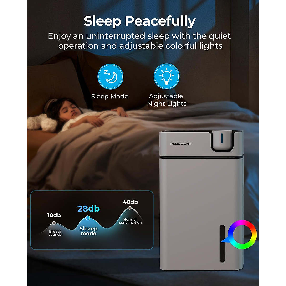 Dehumidifier, PLUSCENT 1000 Sq. Ft. Dehumidifiers for Home, 88 OZ Dehumidifier for Basement Bedroom Bathroom RV and Closet with Drain Hose, Auto Defrost, Auto Shut Off, Sleep Mode, 7 Colors LED Light