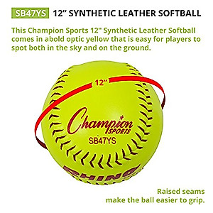Champion Sports 12" Syntex Leather Cover Softballs - Poly Core - Medium Compression - NFHS Approved - Raised Seams - Optic Yellow - Pack of 12