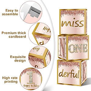 Guiruiy 3Pcs 1st Birthday Boxes Party Supplies for Baby Girl, Pink Rose Gold Miss Onederful 1st Birthday Balloons Boxes Decoration, Pink One Year Old Birthday Theme Cardboard Box Decor