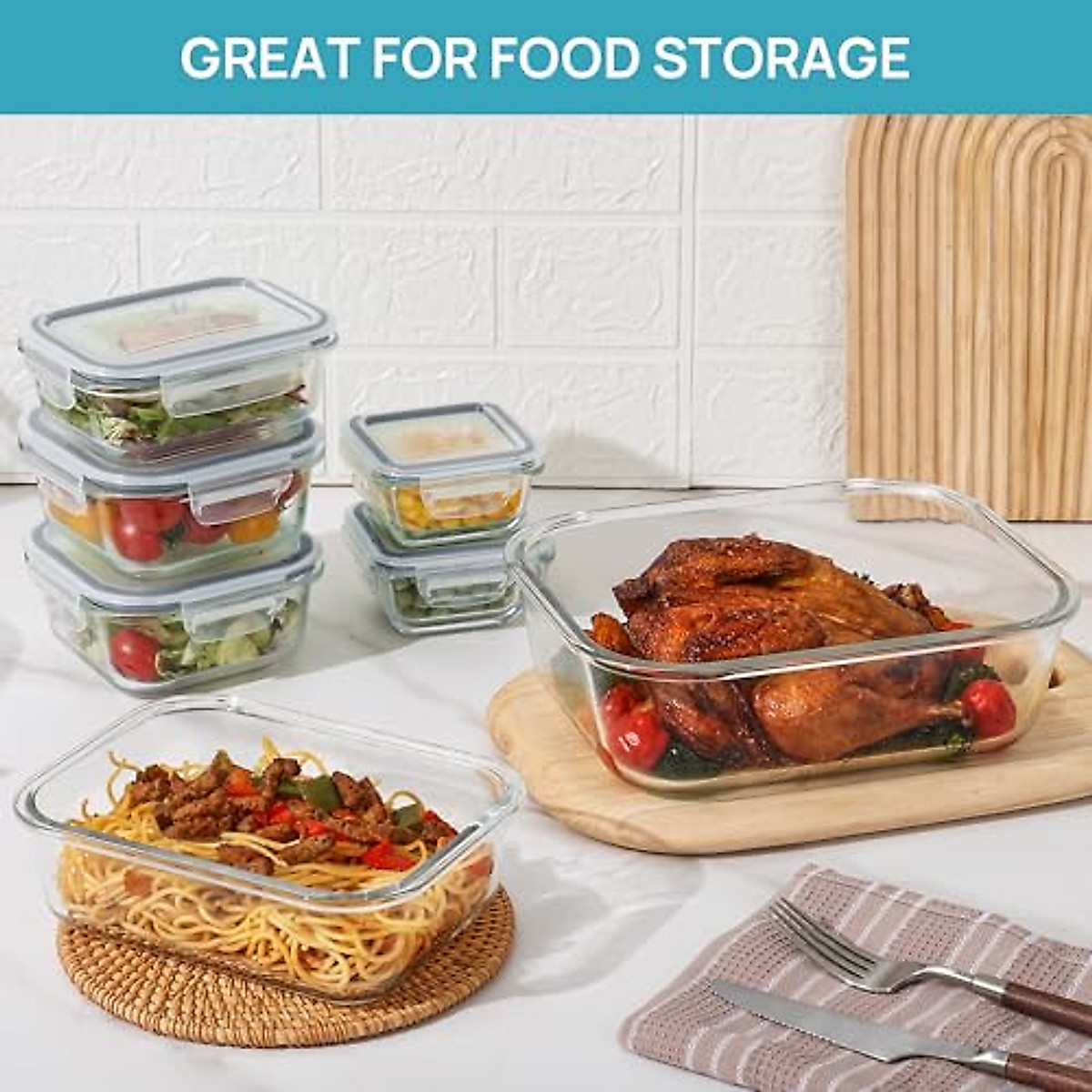 Vtopmart 2.26L/76oz Extra Large Glass Food Storage Containers with Lids, 7 Pack Meal Prep Container Set, Airtight Lunch Bento Boxes with Snap Locking Lids for Microwave, Oven, Freezer, Dishwasher