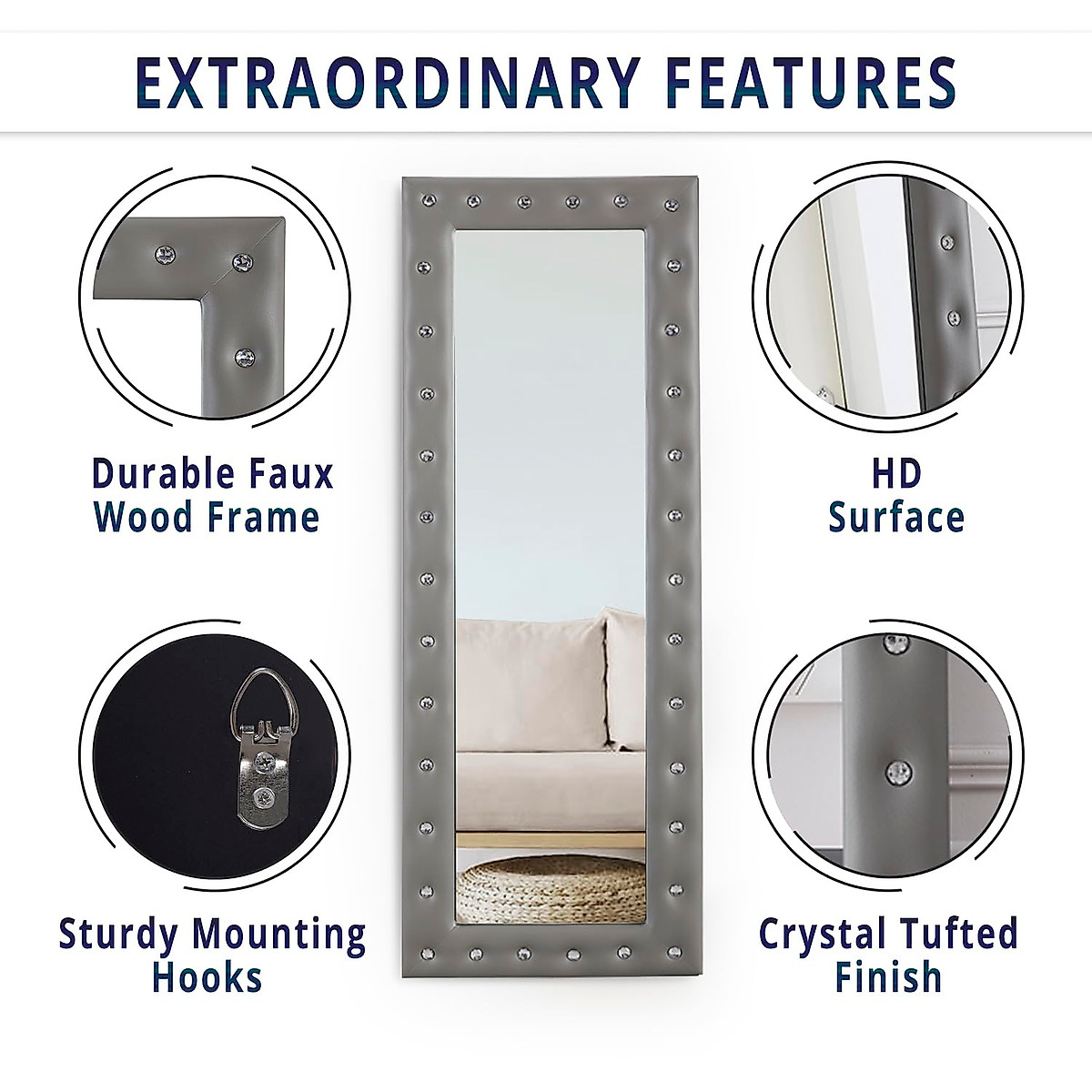 Crystal Tufted Floor Mirror Full Length, 63"LX22"W Wall Mirror Full Length, Standing Mirror Full Length, Full Length Wall Mirror With Faux Wood Frame, Full Length Mirrors for Bedroom - Gray
