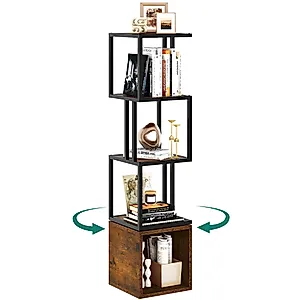 YITAHOME 4-Tier Rotating Bookshelf 360 Display Floor Standing Bookcase for Small Spaces Industrial Narrow Shelf Organizer Storage Rack for Bedroom, Living Room, Study Room,Rustic Brown