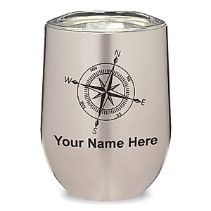 LaserGram Double Wall Stainless Steel Wine Glass Tumbler, Compass Rose, Personalized Engraving Included (Stainless Steel)