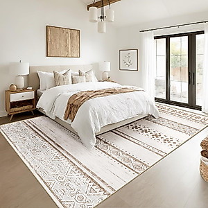 BESTSWEETIE 9x12 Area Rugs for Living Room Washable Moroccan Farmhouse Neutral Geometric Low Pile Non-Slip Soft Print Pattern Rug for Bedroom Kitchen Dining Room Entryway Cream/Brown/Pink