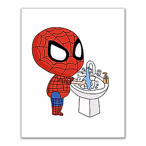 Spiderman Bathroom Prints - Set of 4 (8 inches x 10 inches) Wall Art Decor