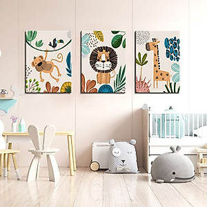 AKWISH 3Pcs Framed Safari Animals Canvas Wall Art Prints Picture Boy Girl's Kids RoomWall Decor for Classroom Shower Theme Decorations Nursery Baby Children's Room Bedroom Ready to Hang (12"x16"x3)