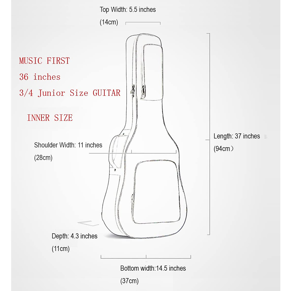 MUSIC FIRST 0.9" (23mm) Padded Country Style 36 inch Soft Guitar Case, Travel Guitar Bag, 36" Guitar Backpack (FIT FOR 36~37 inch, 3/4 Junior Size GUITAR, CHECK PHOTO No.2 AND MEASURE YOUR GUITAR!)