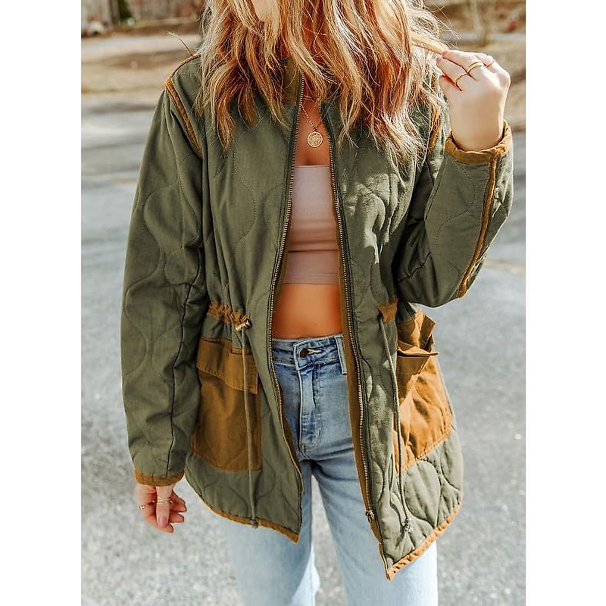 Dokotoo Fall Autumn Winter Coats for Women Zip Up Collar Long Sleeve Drawstring Side Split Contrast Color Block Loose Fit Fashion 2023 Casual Warm Quilted Bomber Puffer Down Jackets Olive Green Large