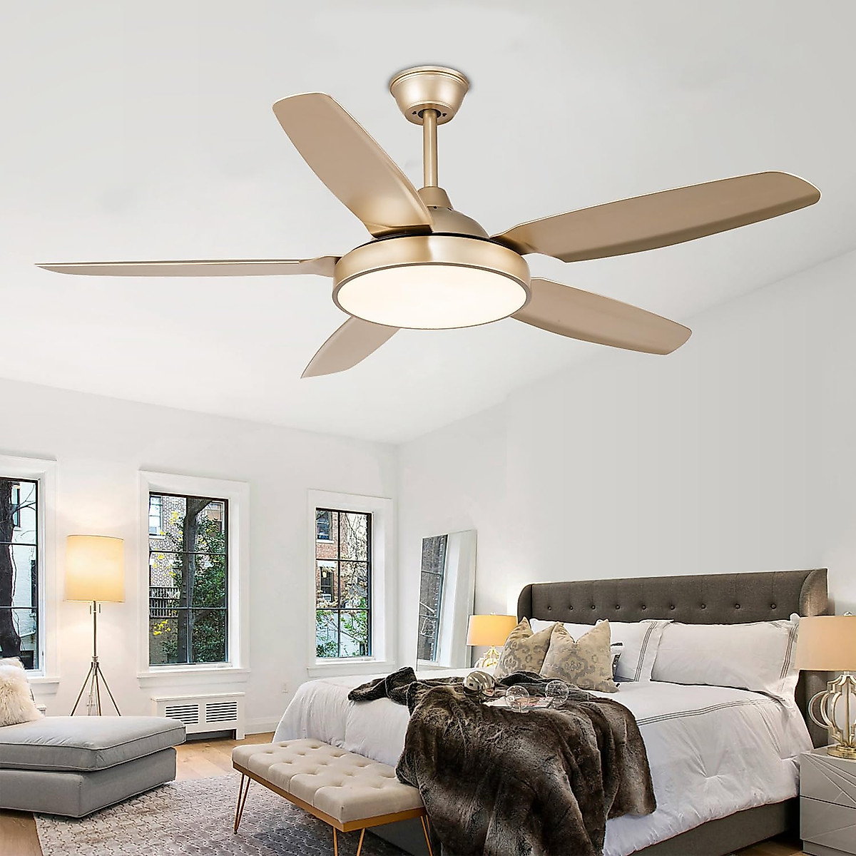 Morpholife 52" Gold Ceiling Fan with Lights Remote Control, Modern Champagne LED Chandelier Ceiling Fan Light Kit, Indoor Farmhouse Rustic Ceiling Fan with 5 Abs Blades for Living Room, Bedroom