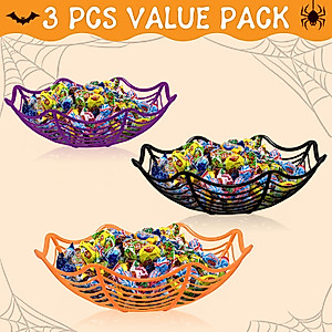 3 Pack Halloween Spider Web Candy Bowls, 11 Inch Plastic Cobweb Design Serving Bowls in Orange, Black, and Purple for Halloween Party Decor, Trick-or-Treating, Food Candy Trays, and Table Centerpieces