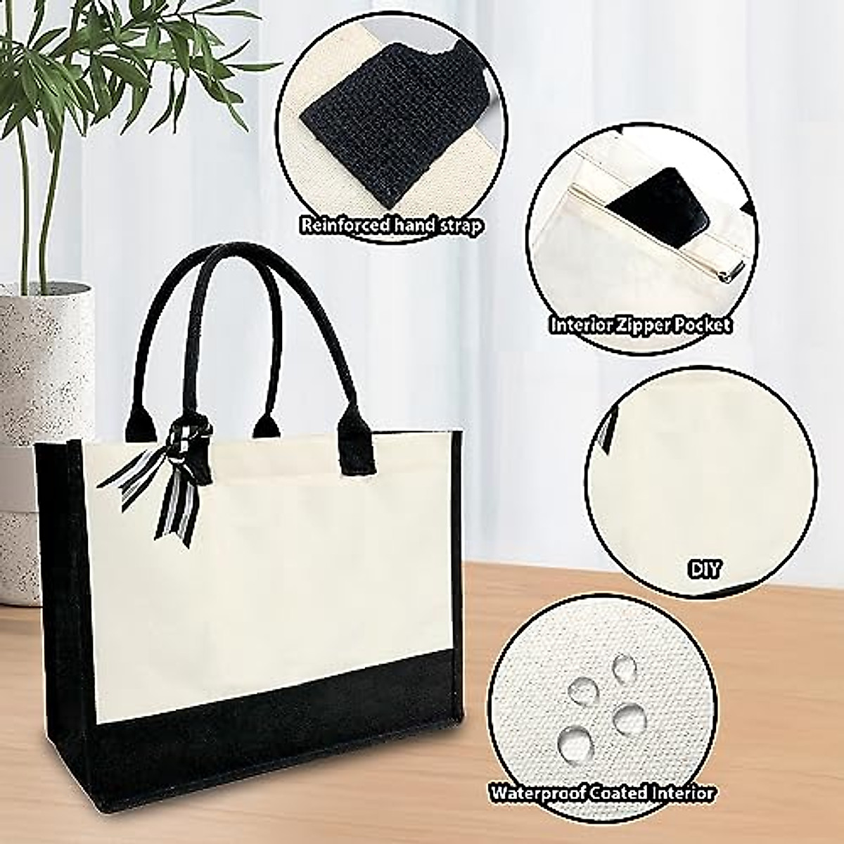 DEEZOMO Personalized Initial Canvas Tote Bag for Women, Beach Bag with Inner Zipper Pocket for Wedding, Birthday, Holiday - Blank