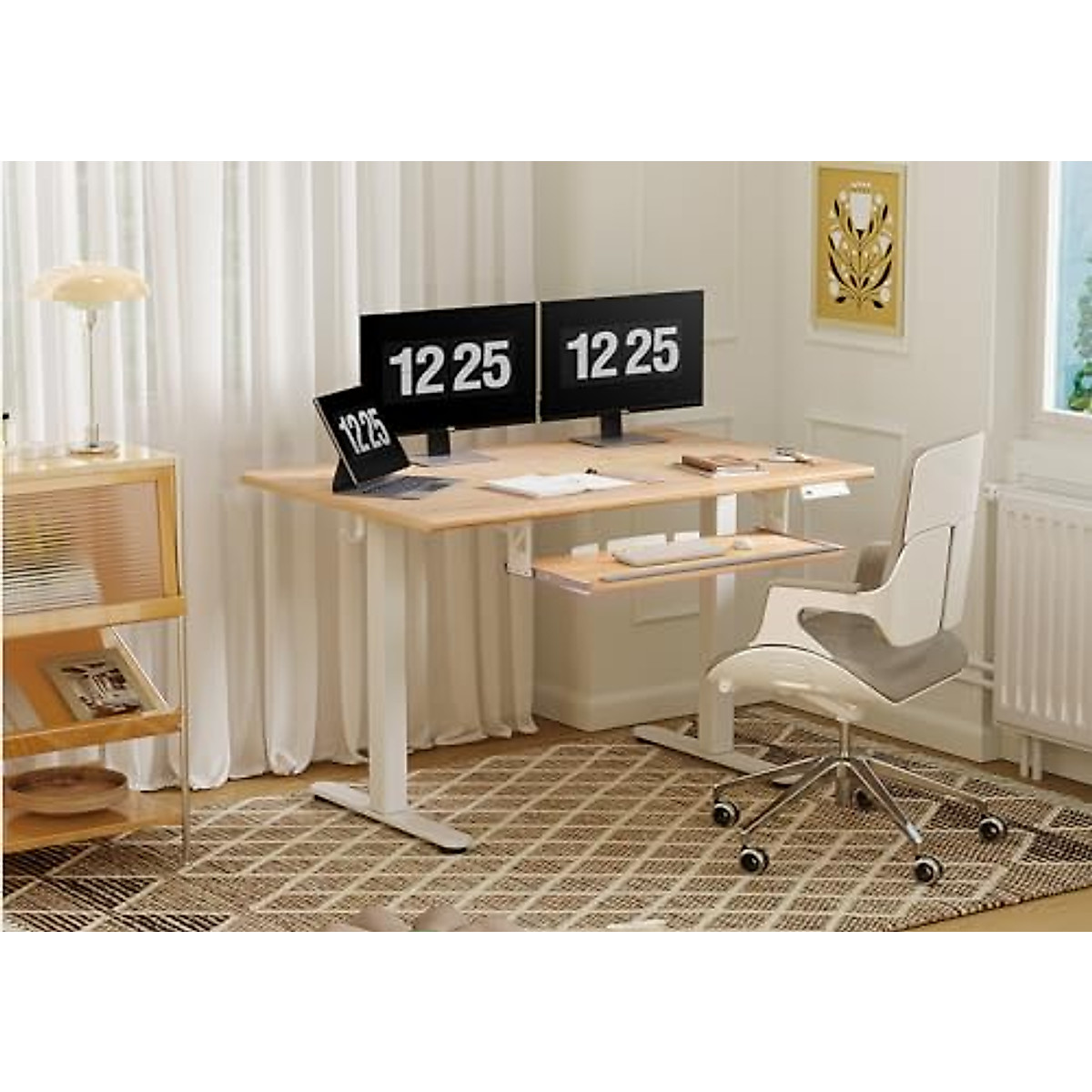 INNOVAR Bamboo Electric Standing Desk, 48×24 Inch Adjustable Desk with Keyboard Tray, Stand up Home Office Desk with Whole-Piece Board, White Frame/Bamboo Top