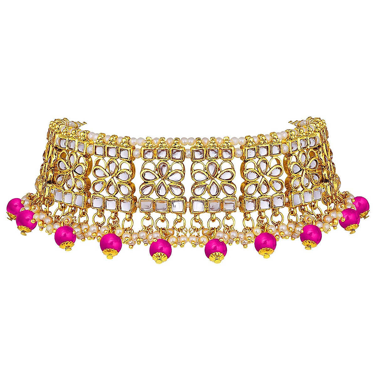 Aheli Elegant Indian Faux Kundan Studded Choker Necklace with Maang Tikka Set Ethnic Wedding Wear Fashion Jewelry for Women (Rani Pink)