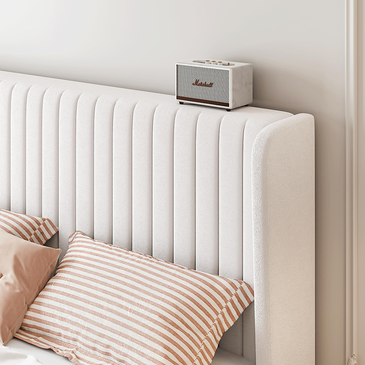 SHA CERLIN Queen Size Velvet Bed Frame with Vertical Channel Tufted Wingback Headboard, Upholstered Platform Bed with Wood Slats, No Box Spring Needed, Easy Assembly, White