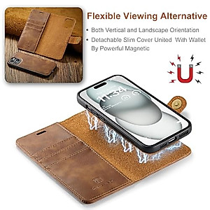Smartphone Flip Cases Compatible with iPhone 15 Plus Case, DG.MING 2 in 1 Clucth Retro Real Cowhide Leather Folio Flip Wallet Magnetic Detachable Slim Phone Cover Case Compatible with iPhone 15 Plus,W