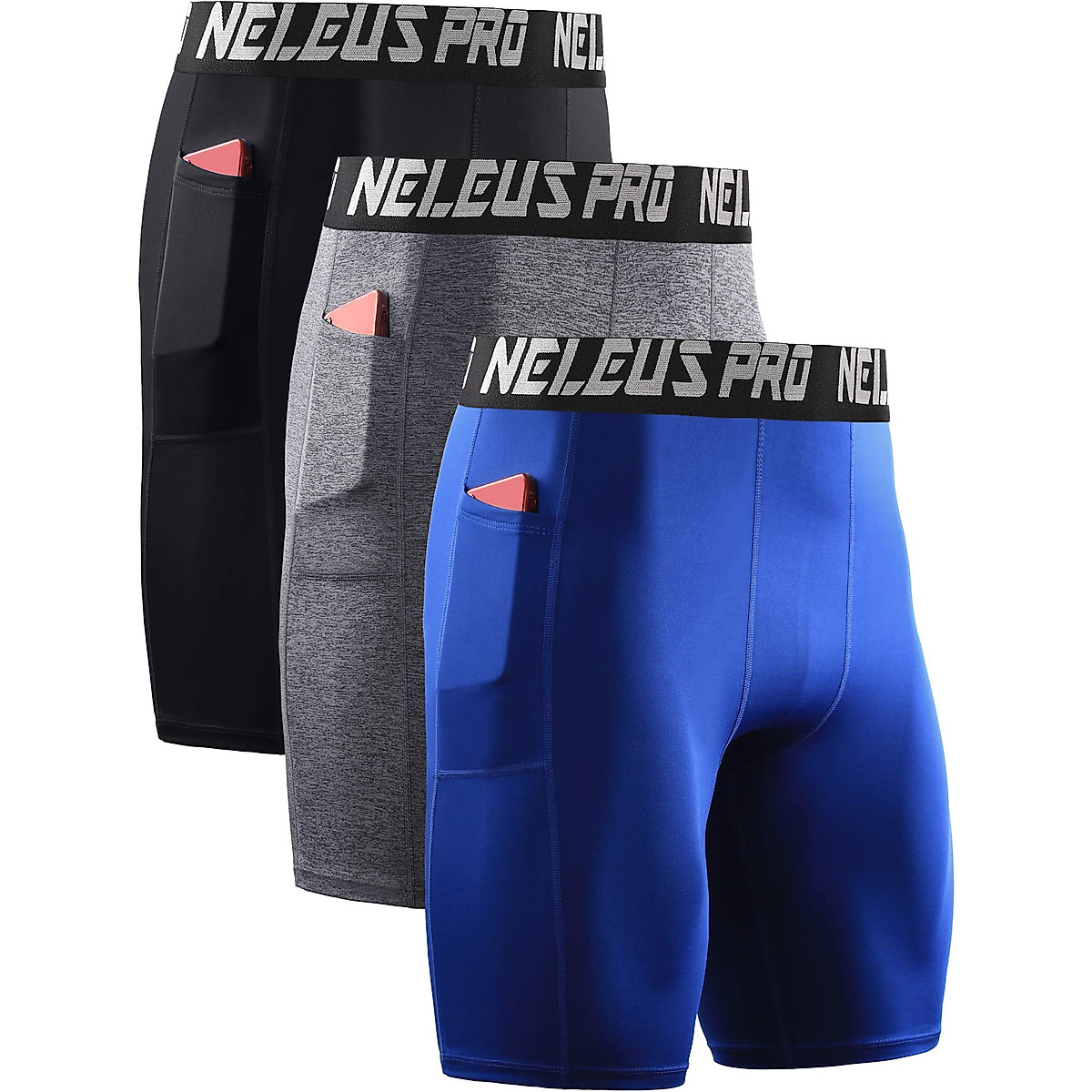 NELEUS Men's 3 Pack Compression Shorts with Pockets Dry Fit Yoga Running Shorts,6063,Black/Grey/Blue,US 2XL,EU 3XL