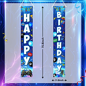Avezano Video Game Happy Birthday Banner Gaming birthday Porch Signs Blue Game on Hanging Door Banner for Boys Game Birthday Party Decoration Supplies