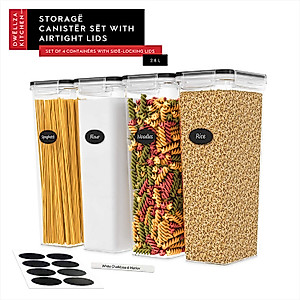 DWËLLZA KITCHEN Pasta Storage Containers for Pantry Airtight - 4 Pc Spaghetti Container Storage - Ideal for Spaghetti & Noodles, Kitchen Pantry Organization and Storage - Keeps Food Fresh & Dry