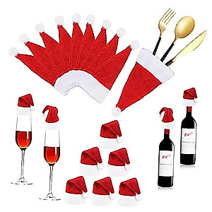 ERINGOGO 60 Pcs 1 Christmas Hat and Fork Bag Mini Christmas Hats Mini Santa Claus Cover Christmas Doll Hat Mini Hat Bottle Sleeves Brushed Cloth Santa Hat Cushion