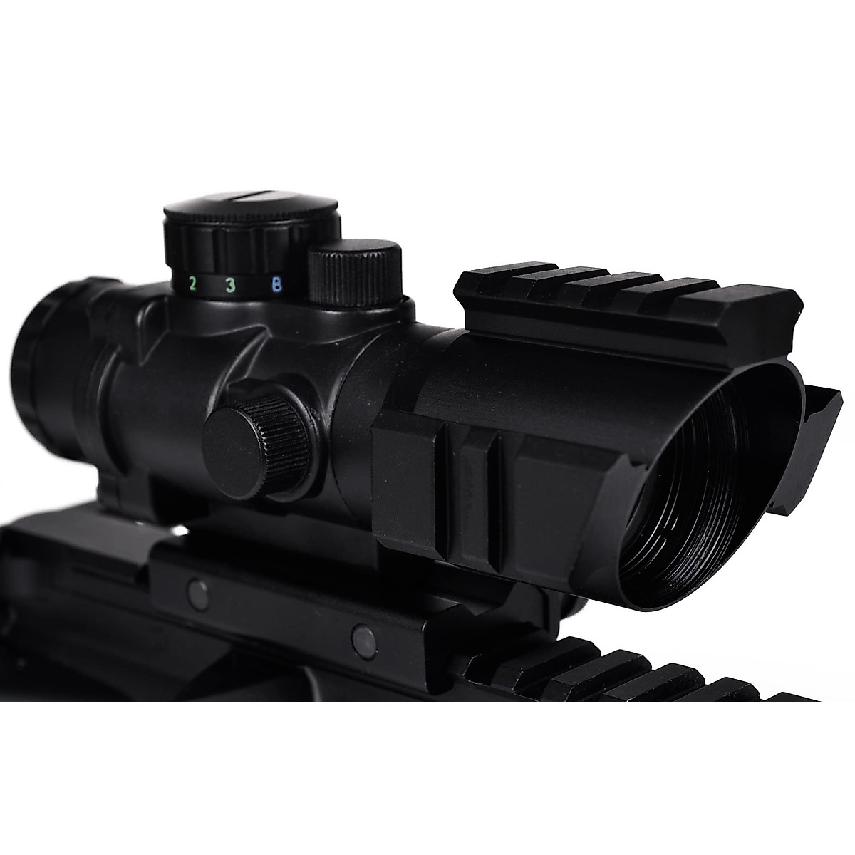 Ozark Armament Flip Up Backup Iron Sight & 4X Magnified Rifle Scope Bundle - Red, Blue, Green Illuminated Reticle for Use in All Light Condition - Mount to Any Picatinny Rail - All Metal Construction