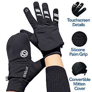 Zensah Convertible Running Mittens and Gloves - Warm Touchscreen Cold Winter Gloves for Women and Men (Black, Medium)