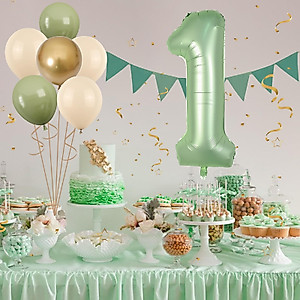 40 Inch Sage Green Number 1 Balloon, Olive Green 1st Birthday Balloons, Retro Sand White Avocado Green Gold Latex Balloons 1 Foil Balloon for Boy Girl Baby Shower 1st Birthday Jungle Party Decorations