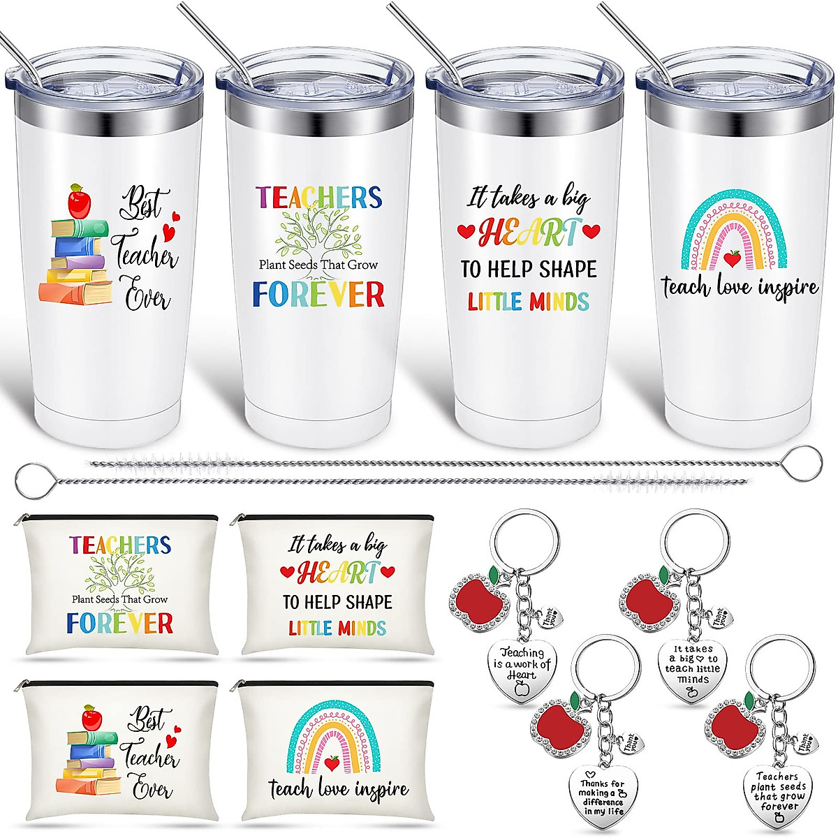 Sabary 12 Pieces Funny Thank You Gifts, 4 Teacher Travel Tumbler, 4 Teacher Makeup Bag with Zippers, 4 Teacher Apple Keychains, 20 oz Mug Tumbler for Birthday Teacher Appreciation Week