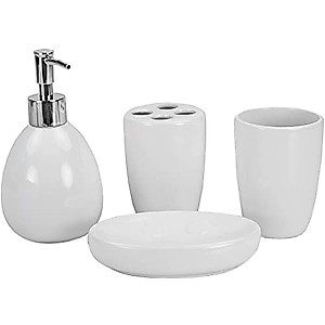 4 Piece Ceramic Bathroom Accessory Set with Soap Pump, Soap Dish, Toothbrush Holder & Tumbler, White