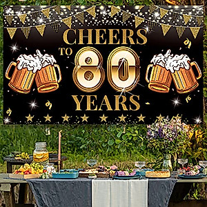 80th Birthday Decorations Banner for Men Women, Cheers To 80 Years Birthday Party Sign, 80 Years Old Birthday Backdrop, Black Gold 80th Anniversary Photo Props for Outdoor Indoor, Large, Vicycaty