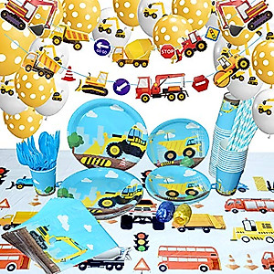 Construction Themed Birthday Party Supplies for Boys - Dump Truck and Tractor Party Decorations Set For Kids,Include Plates,Cups,Napkins,Balloon,Tablecloth and Banner,24 Guests,235 Pcs
