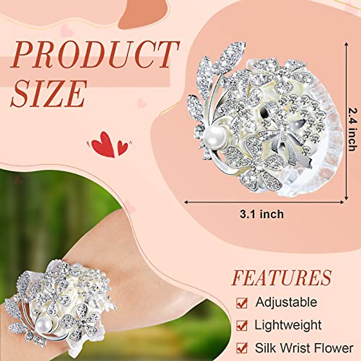 MTLEE 2 Pieces Rhinestone Wrist Corsage Wristlet Bracelet Silk Wrist Flower with Peal and Diamond for Wedding Bridesmaid Bridal Shower Prom Party(Silver Ivory)