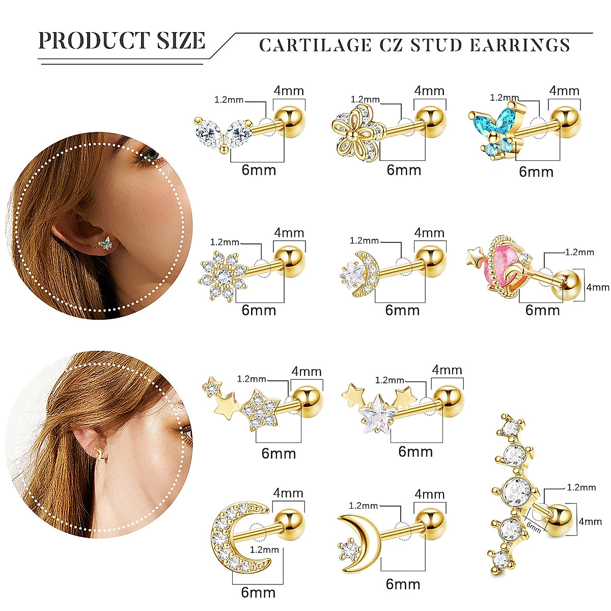 Sanfenly 11Pcs 16G Cartilage Earrings Studs Stainless Steel CZ Forward Helix Tragus Stud Earring Cute Butterfly Moon and Star Cartilage Daith Conch Ear Piercing Jewelry for Women