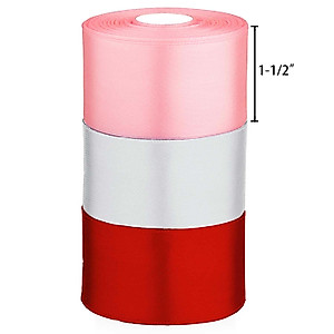 Ribbon for Gift Wrapping, 3 Pack 75 Yards 1-1/2 inch Satin Ribbon Bows for Gift, Crafts, Flower Bouquet, Floral, Hair, Christmas, Wedding, Birthday Decoration White&Pink&Red