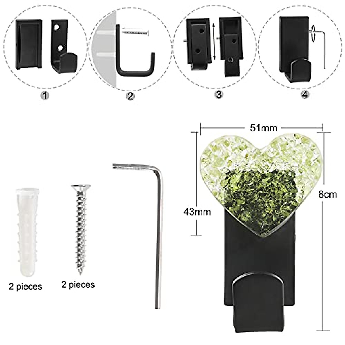 mookaitedecor Set of 2 Peridot Heart Shape Healing Crystal Coat Hooks Wall Mounted, Decorative Wall Hanger for Bathroom Kitchcen Hanging