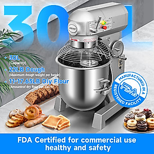 Ekway 30Qt Commercial Food Mixer, 1250W Commercial Mixer 3-Speeds Adjustable，Electric Heavy Duty Stand Mixer with Stainless Steel Bowl for Kitchenaid Bakery and Pizzeria