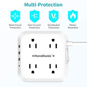 HANDSONIC Power Strip, Mountable Flat Plug Extension Cord with 4 Outlets, 3 USB-A, 1 USB-C, 5 ft Cord, Compact Size Charging Station for Home, Office, Dorm Essentials, Desktop, Travel and Cruise Ship
