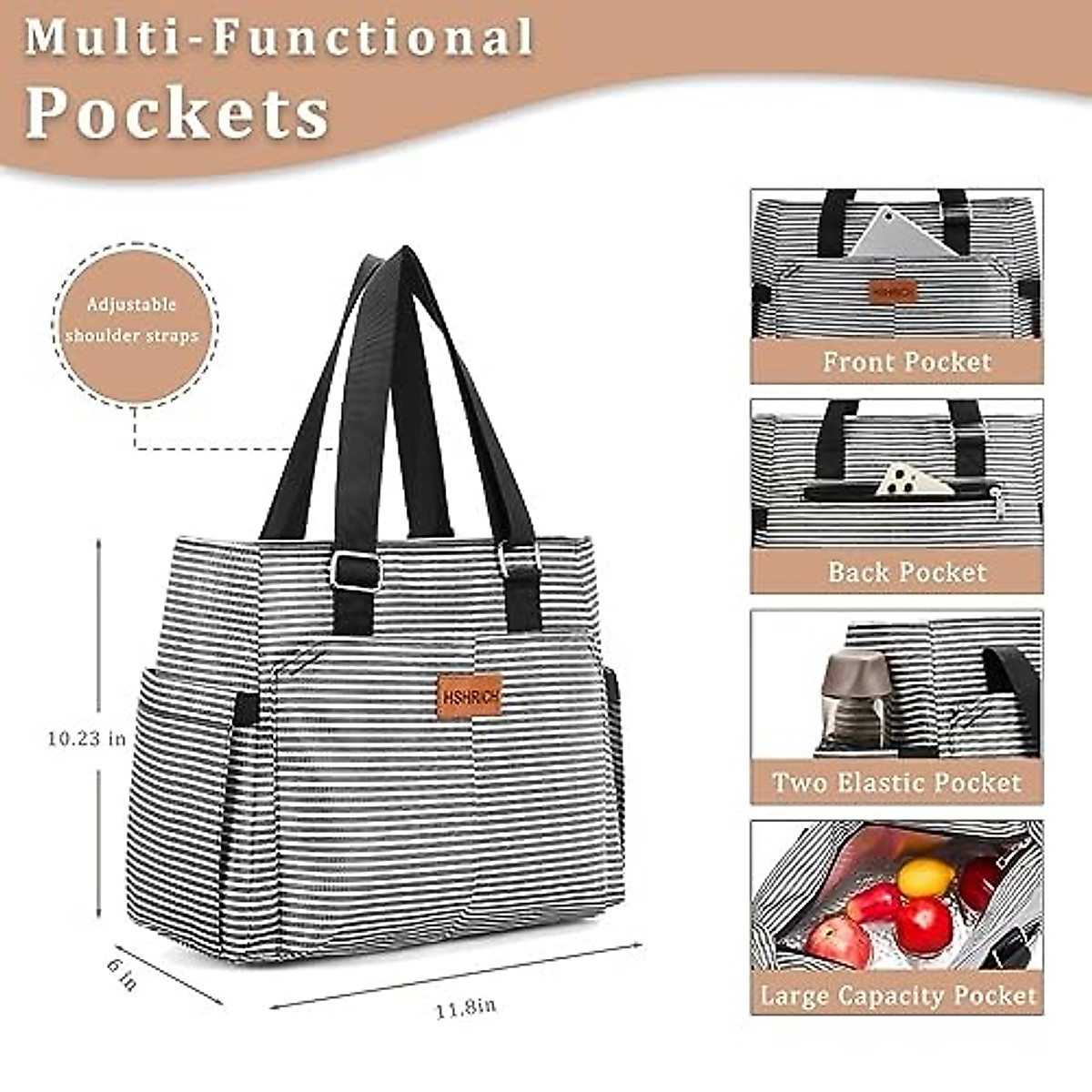 Large Women Lunch Bags for Work/Insulated Adult Lunch Box for Women/Leakproof Cooler Lunch Tote Bag with Storage Pocket. Reusable Lunch Cooler Purse for Work Picnic Hiking 12L, Stripe