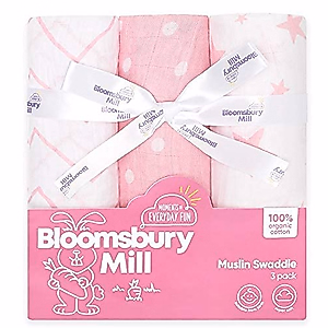 Bloomsbury Mill – Swaddle Blanket - Muslin Swaddle Blankets for Baby Girls and Boys - 100% Organic Cotton Baby Swaddles 3 Pack - Pink and White – 47” x 47”
