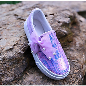 Toandon Girls Kids Sneakers Loafer Shoes Toddler Slip On Sequins Glimmer Glitter Sparkle Low Top Non Slip Rubber Sole Lightweight Breathable Walking Outdoor Fashion Casual Bowknot Purple Size 11