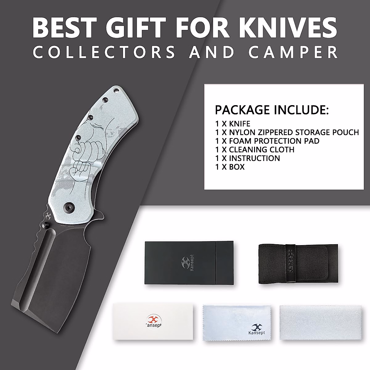 KANSEPT Pocket Knives XL Korvid Cleaver Style, Pocket Knife 3.55'' Black TiCn Coated 154CM Blade Heavy Pocket Folding Knifves with G10 Flag Print Handle EDC Folding Knife T1030B5