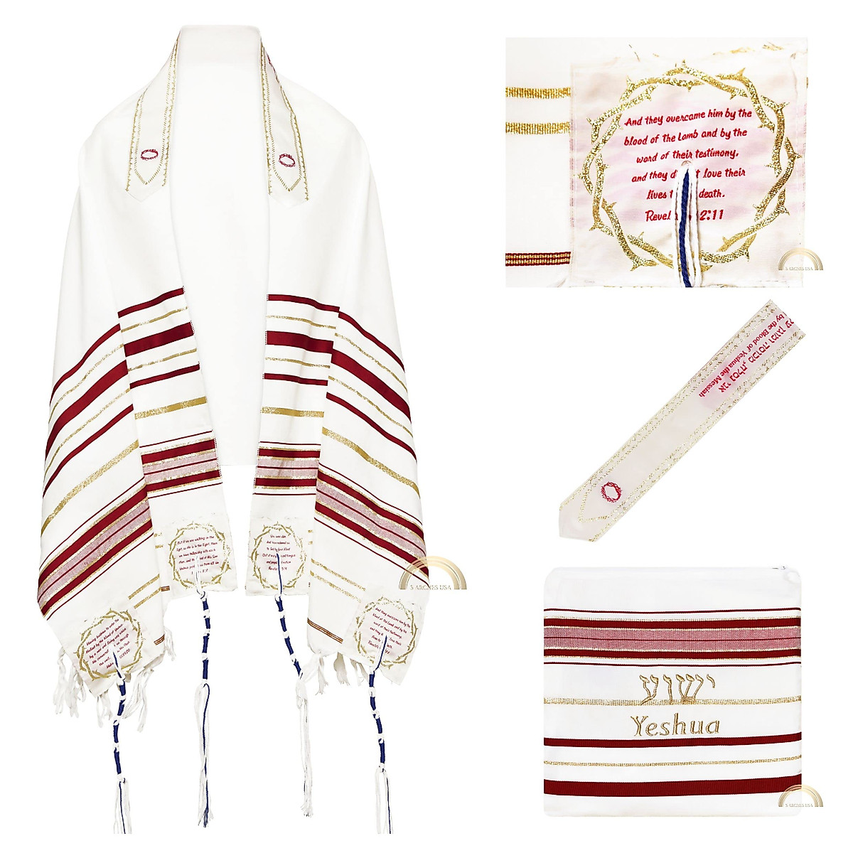 3 ARCHES USA, The Blood Of Yeshua The Messiah,Prayer Shawl from Israel Messianic Tallit Prayer Shawl- Red 72"x 22" Jewish Prayer Shawl with Bag, Scripture Corners & Hebrew Prayer