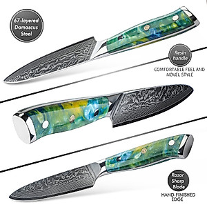 SANMUZUO 5 Inch Kitchen Utility Knife - Xuan Series Kitchen Knives - VG10 Damascus Steel with Resin Handle (Jade Green)