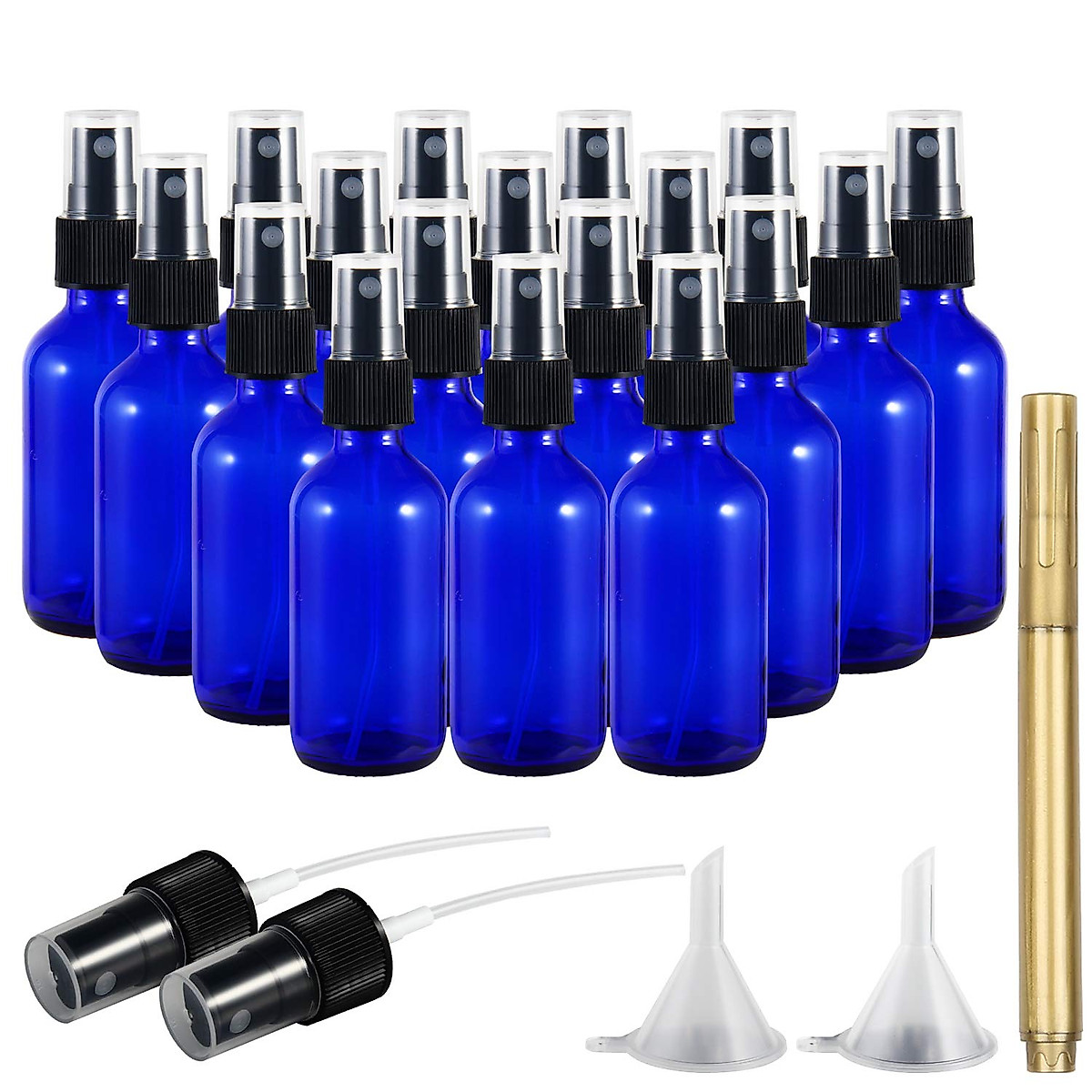 Ruckae 2 oz Glass Spray Bottles-18 Piece Set - With Funnel and Gold Glass Pen,Black Fine Mist Sprayers (Blue)
