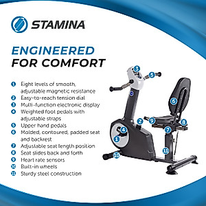 Stamina Elite Total Body Recumbent Bike with Arm Workout - Recumbent Cross Trainer with Smart Workout App for Home Workout - Up to 250 lbs Weight Capacity